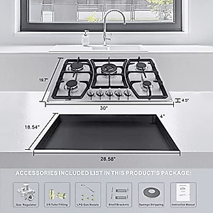 Gas Cooktop 30 Inch 5 Burners Gas Stove Gas Hob Stovetop Stainless Steel Cooktop Cast Iron Grates, Silver (30x 19.7x 4.5 inches)