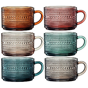 Khen Fall Colors Glass Coffee Mugs Set With Handles, Spoons & Lid | Set of 6 | 15oz Hobnail Embossed With Bamboo Lids & Gold Spoons, Glassware Mug Bubble Glasses - Cute Cups Coffee, Tea Oats Colored