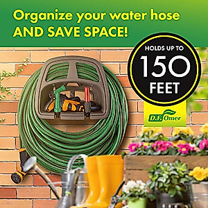 DF OMER Plastic Garden Water Hose Holder | Wall Mount Hose Hanger with Storage Compartment Fits 150 ft. Hose – 10x5x5 in. Weatherproof Hose Rack Hanger for Outside with Shelf for Garden Equipment