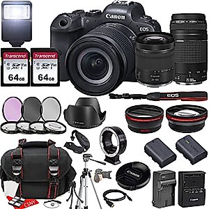 Canon EOS R6 Mirrorless Camera w/RF 24-105mm f/4-7.1 is STM Lens + EF 75-300mm f/4-5.6 III Lens + 2X 64GB Memory + Hood + Case + Filters + Tripod & More (35pc Bundle)
