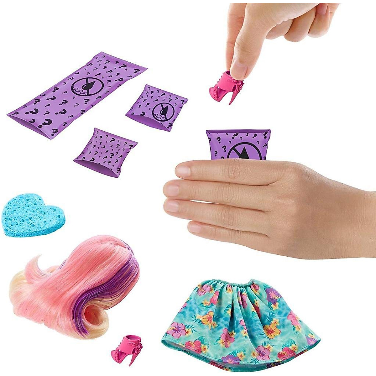 Barbie Color Reveal Doll with 7 Surprises: 4 Mystery Bags Contain Surprise Wig, Skirt, Shoes & Sponge; Water Reveals Metallic Blue Doll’s Look & Creates Color Change on Face & Wig