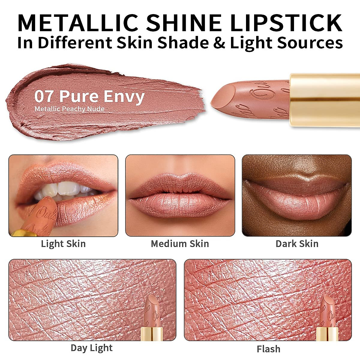 Oulac Nude Lipstick for Women with Metallic 3D Shine Lightweight Hydrating Formula, High Impact Lip Color, Vegan Beauty, Full Coverage Lip Makeup, Pure Envy(07)