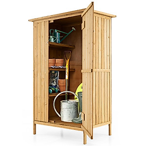 Goplus Outdoor Storage Cabinet, 5 × 3 FT Wooden Garden Shed with Asphalt Roof, 3 Shelves, Lockable Door, 5 Hanging Hooks, Outside Utility Tool Shed Organizer for Backyard, Patio, Deck, Natural