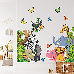 W-YANG Forest Animal Tree Wall Decals Elephant Zebra Giraffe Hippo Butterfly Lion Wall Sticker Great for Baby Nursery Kids Bedroom Playroom Living Room (Cartoon Forest Animal), Bright