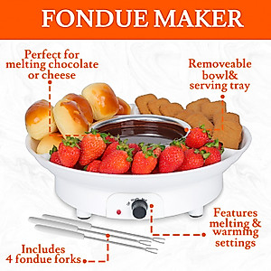 CORJEEJOR Fondue Pot Electric Set For Chocolate and Cheese, Deluxe Fondue Maker with 4 Forks, Removable Serving Tray & Melting/Warming Setting, Perfect for Parties, Gifting, and Date Night