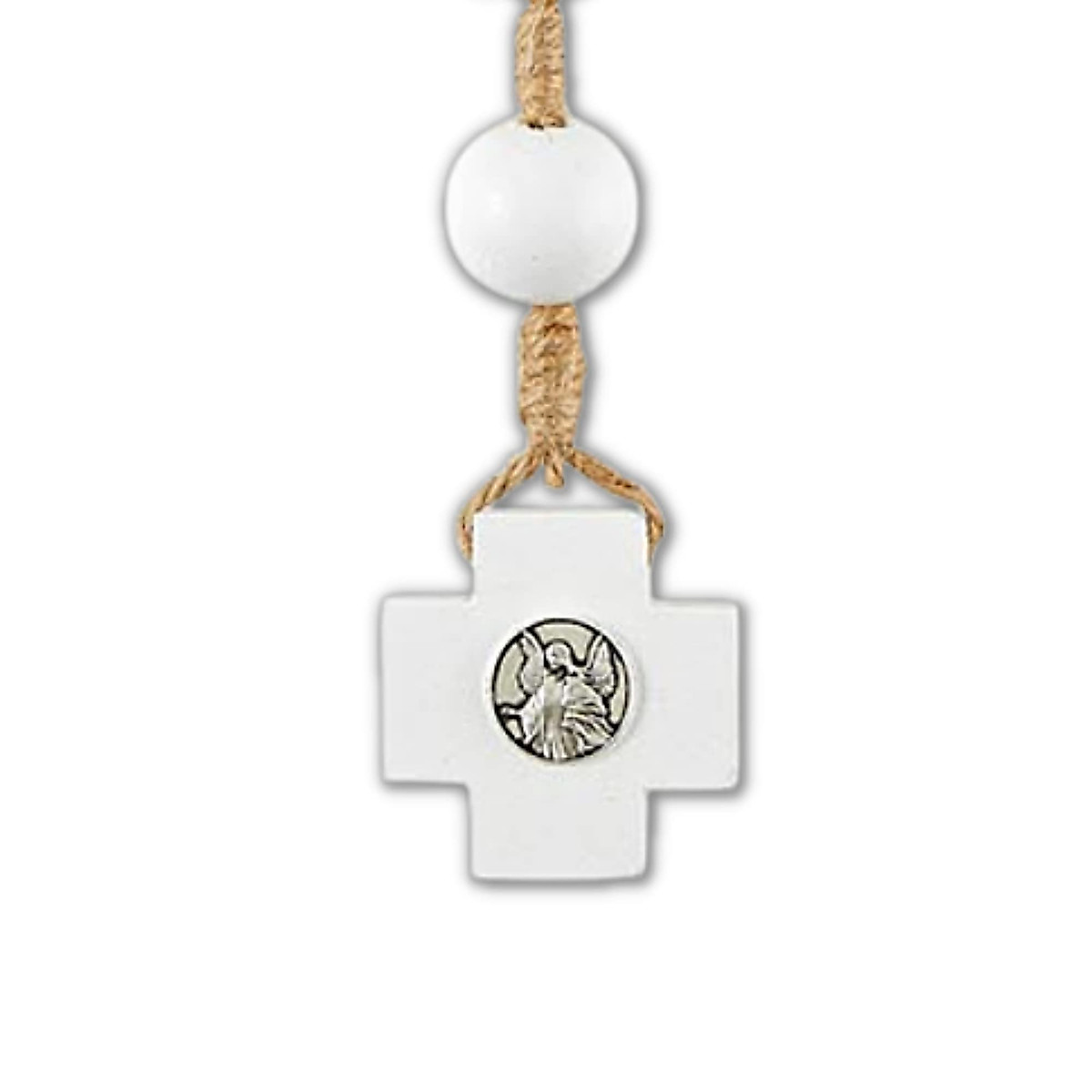 Guardian Angel Door Knob Rosary with Large White Beading, Religious Keepsake Prayer Beads, 12.5 inches