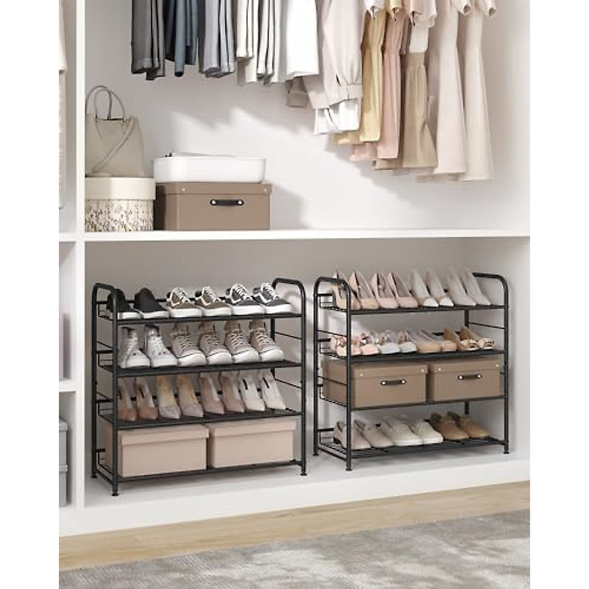 SONGMICS Stackable Shoe Rack, 4 Tier Metal Shoes Rack Storage Shelf, Holds up to 20 Pairs Shoes, Adjustable Slanted Shelves Shoe Tower Organizer for Closet Entryway Small Spaces, Black