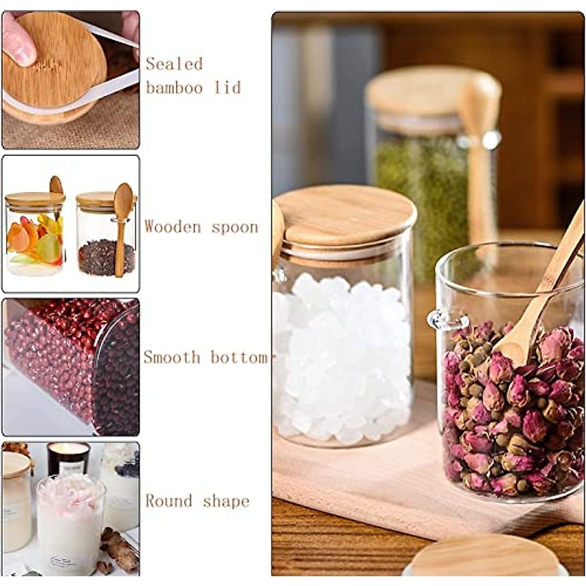 NEPIVEL 2 Pack Glass Jars with Bamboo Lids, 18.5Oz Glass Containers with Airtight Bamboo Lid and Spoons,100% Sealed Glass Spice Jars for Candy Coffee Beans Sugar Nuts Cookies, 540ml