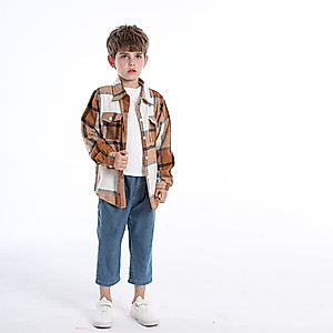 Feidoog Toddler 2 Pack Baby Boys and Girls Plaid Shirts Jacket Long Sleeve Lapel Button Down Shirt Top Outwear Clothes,Blue+Brown,3-4T