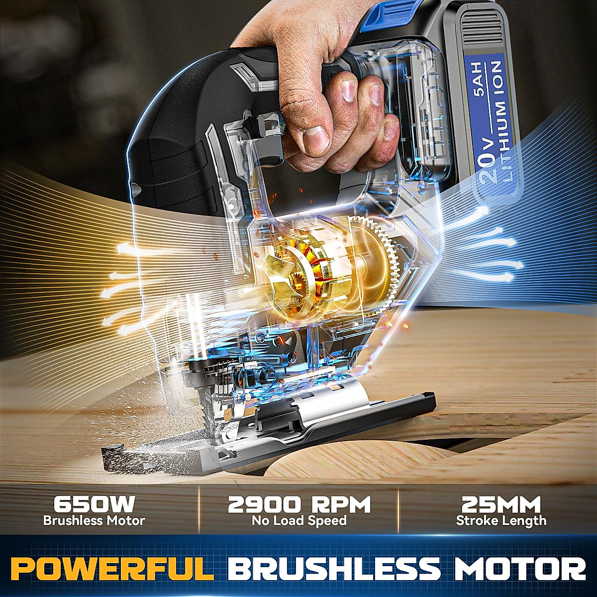 2024 New Cordless Jigsaw Tool Compatible with Dewalt 20V Battery, Brushless jigsaw tool with Variable Speed, 0°-45° Bevel Cuts, LED Light, 3-Position Orbital Action for Straight/Curve/Circle Cutting