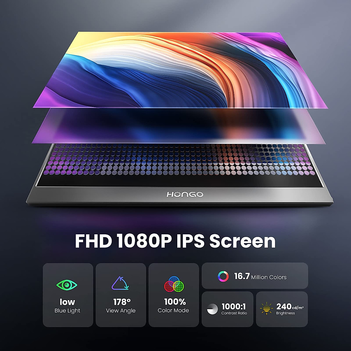 HONGO Portable Monitor for Laptop 15.6 Inch Full HD 1080P Dual Computer Monitor USB C HDMI with Speakers, Flat Travel Monitor for MacBook Pro PS4 PS5 PC, Smart Cover&Screen Protector Included