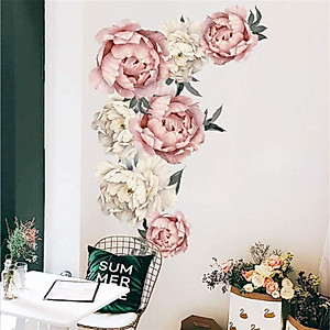 Peony Flowers Wall Sticker Waterproof PVC Peony Rose Flowers Wall Decals Removable Floral Wall Decor Sticker for Living Room Bedroom Nursery Room