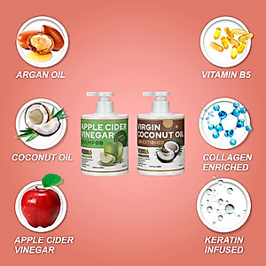 Mroky Shampoo and Conditioner Set, Apple Cider Vinegar Shampoo and Virgin Coconut Conditioner Bundle for Oily Dry Dull Damaged Curly Frizzy Hair, Sulfate, Silicone & Paraben Free, 2 x 16.9 fl oz