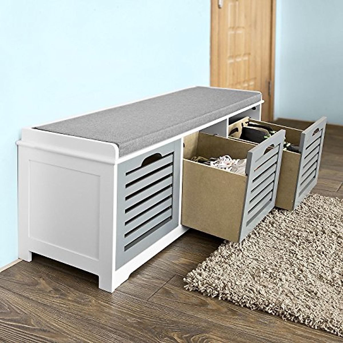 Haotian FSR23-HG, Storage Bench with 3 Drawers & Padded Seat Cushion, Hallway Bench Shoe Cabinet Shoe Bench