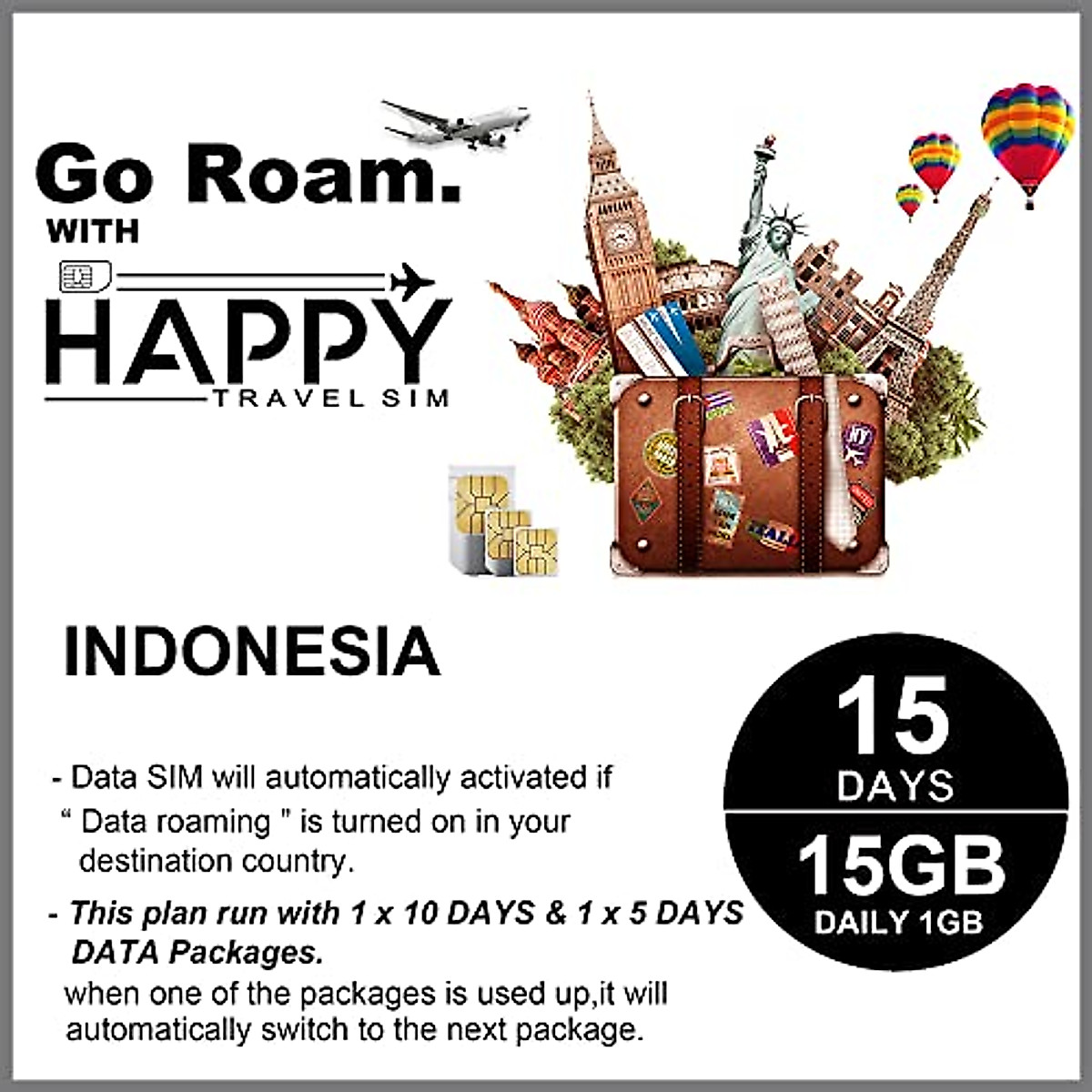 Indonesia SIM Card, Indonesia Data Roaming SIM Card (15DAYS-15GB)