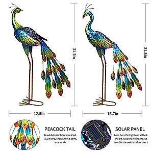 Glintoper 2 Pack Solar Peacock Garden Decor, Metal Peacocks Figurine Lights, LED Solar Powered Decorative Yard Statue Art Waterproof for Landscape Patio Yard Walkway Pathway Lawn
