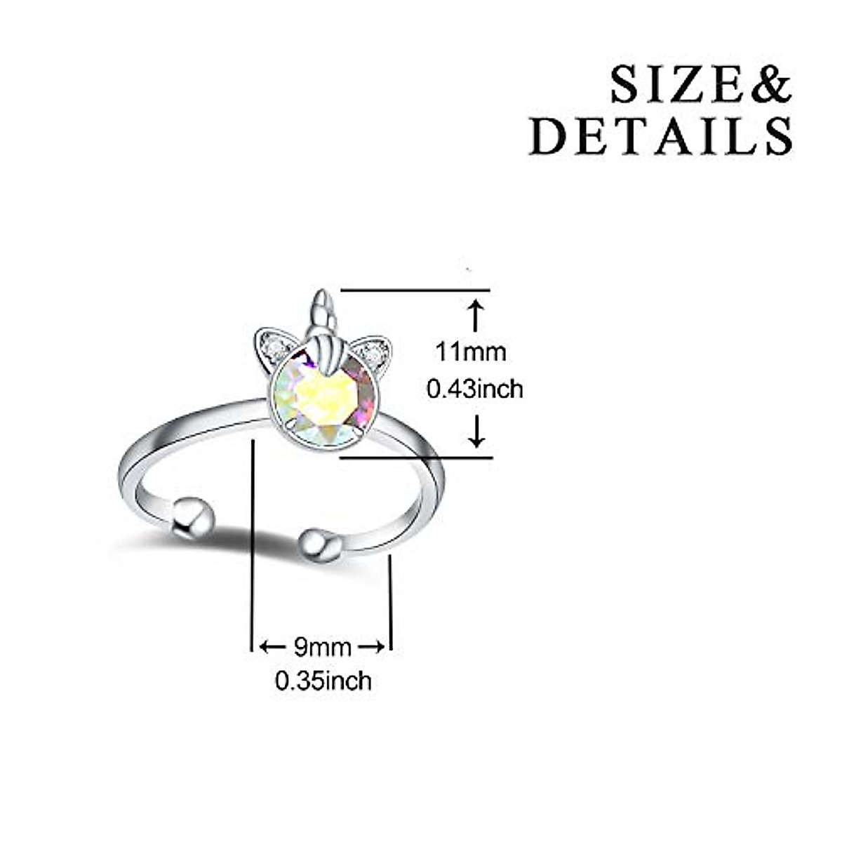 AOBOCO Sterling Silver Unicorn Ring, Aurore Boreale Crystal from Austria, Hypoallergenic Adjustable Open Ring, Anniversary Birthday Unicorn Jewelry Gifts for Women Daughter Girlfriend