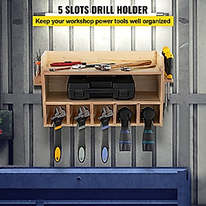 VEVOR Drill Charging Station, Power Tool Charging Station, 5 Drill Hanging Slots Drill Charging Station, 2-Shelf Cordless Drill Storage, Wall Mounted Power Drill Tool Storage Organizer Wooden