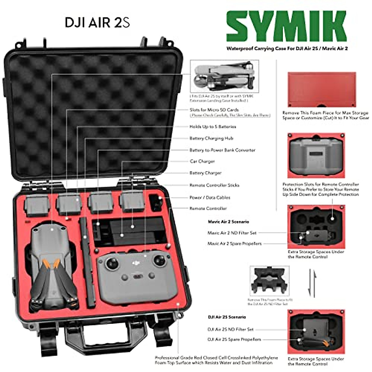 SYMIK A310-MA2 Waterproof Hard Carrying Case for DJI Air 2S / Mavic Air 2 Drone / Fly More Combo; Rugged Professional Case with Complete Protection