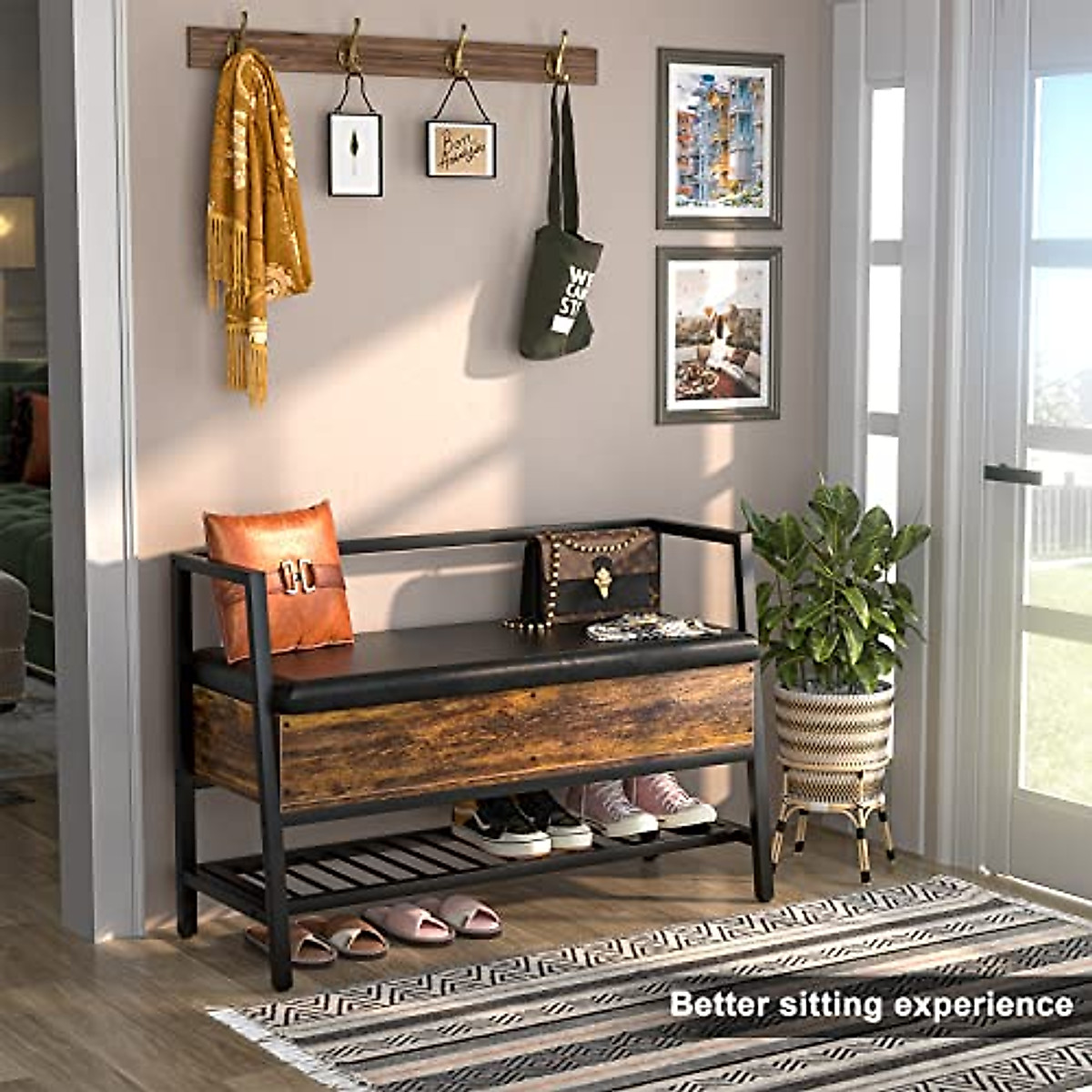 Homieasy Storage Shoe Bench with Padded Seat, Entryway Bench with Lift Top Storage Box, Industrial Shoe Rack Bench PU Leather Cushion Holds Up to 250 LB for Entryway Bedroom Hallway, Rustic Brown