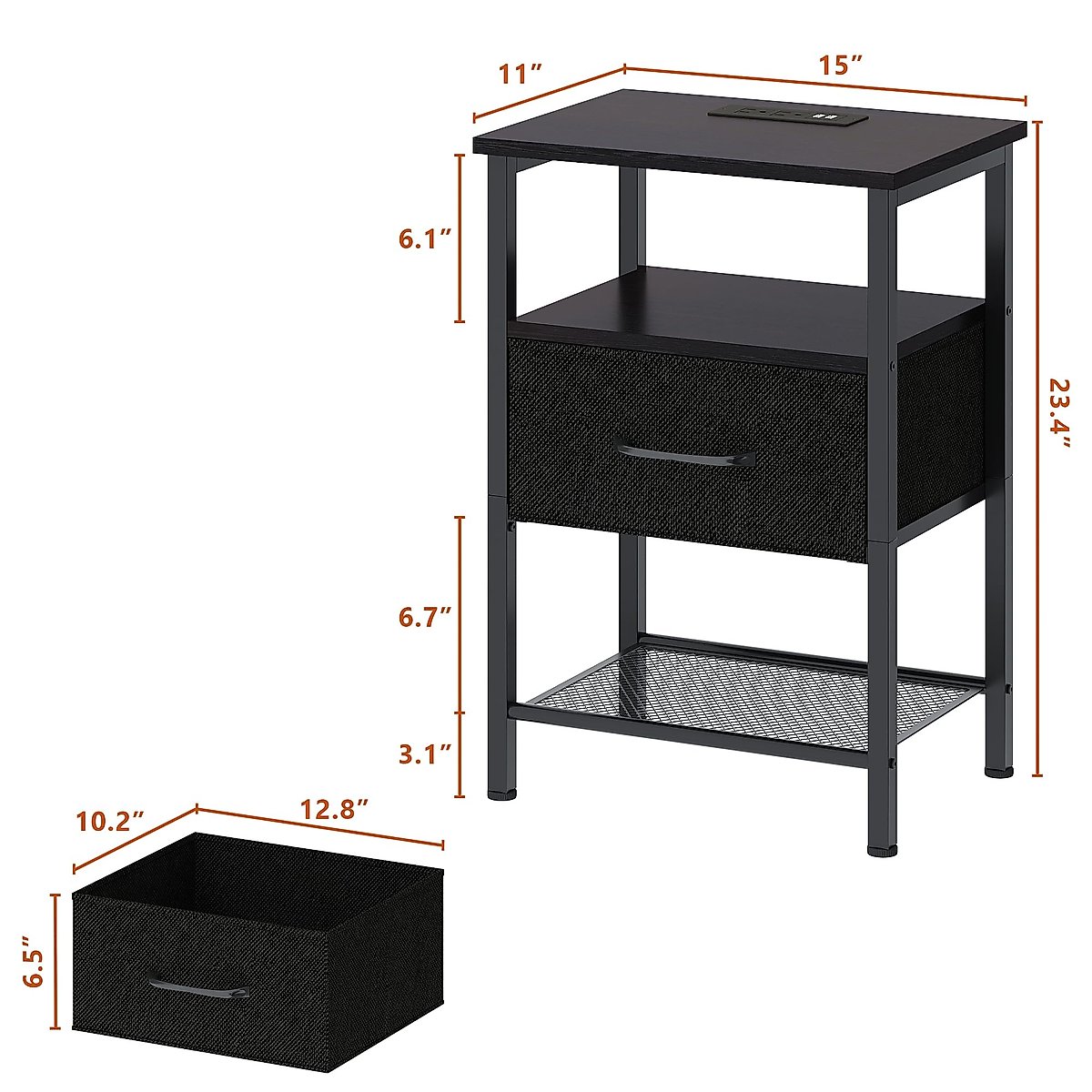 TRIFEBLE Night Stand Set 2, End Table with Charging Station, LED Bedside Table with Fabric Drawer for Bedroom, 3-Tier Side Table with Open Shelf, Black