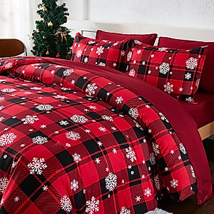 Christmas Comforter Set Queen Size 7 Piece Red plaid Snowflake Bedding Set Bed in a Bag Revesible Lightweight Microfiber Winter Down Alternative Bed Set with Pillowcases & Shams,Sheets for Girls Boys