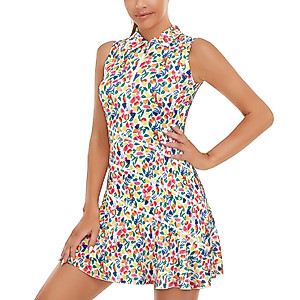 Misyula Tennis Dresses for Women,Athletic Dress with Shorts 2Pockets Zip Up Polo Sleeveless Golf Workout Dress Multi-Fruit Small