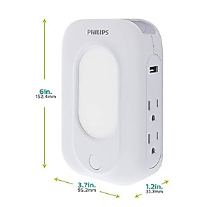 Philips Accessories 4-Outlet Extender 2-USB Surge Protector, Wall Adapter with Light-Sensing Night Light, Side Access, 3-Prong, Charging Station, SPP6241WC/37, White, 1 Pack