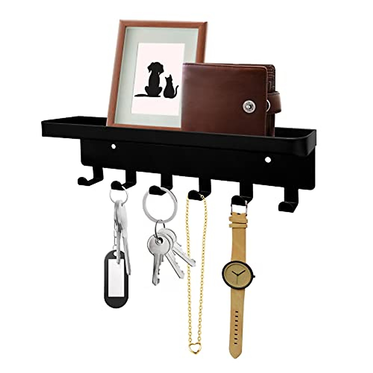 GTK Key Holder with Tray and 6 Hooks for Hallway, Key Rack with Shelf for Mail Storage (Black)