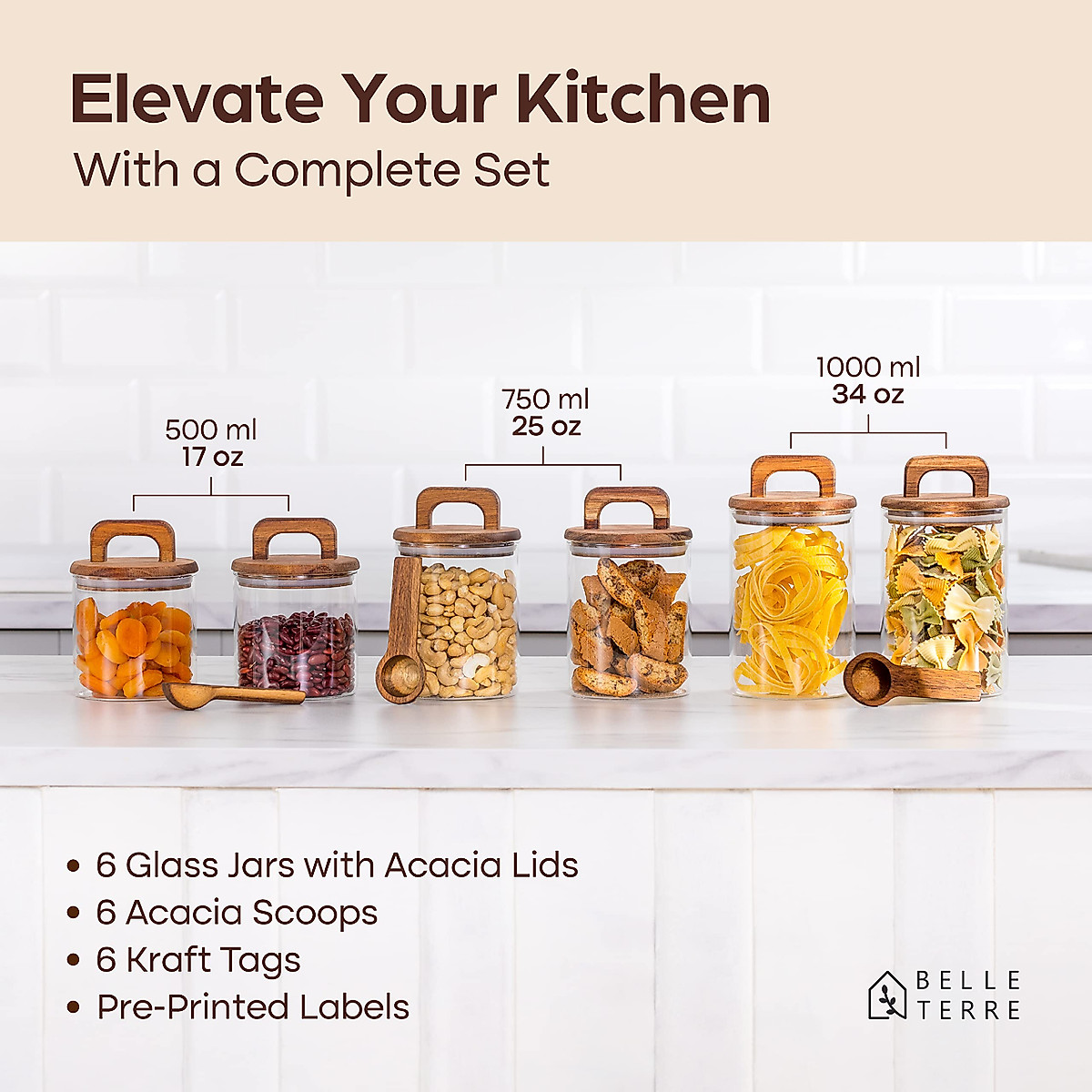 BELLE TERRE Premium Glass Jar Set - 6 Canisters with Airtight Natural Acacia Lids, Custom Labels & Spoons - Food Storage Containers & Pantry Organization - 17oz, 25oz, 34oz - Transparent, Durable