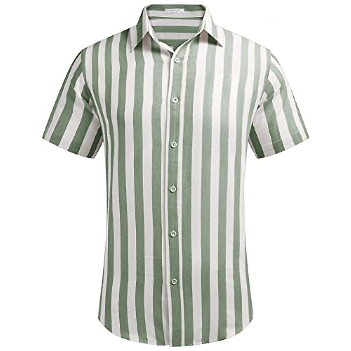 COOFANDY Men's Green Striped Linen Button Up Shirts Short Sleeve Business Casual Shirt
