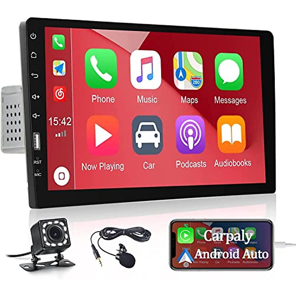 Single Din Car Stereo with Apple Carplay Android Auto , 9 Inch Touch Screen Car Radio with Mirror Link Universal Car Multimedia Player with Bluetooth FM/AM Radio EQ Setting+ Backup Camera