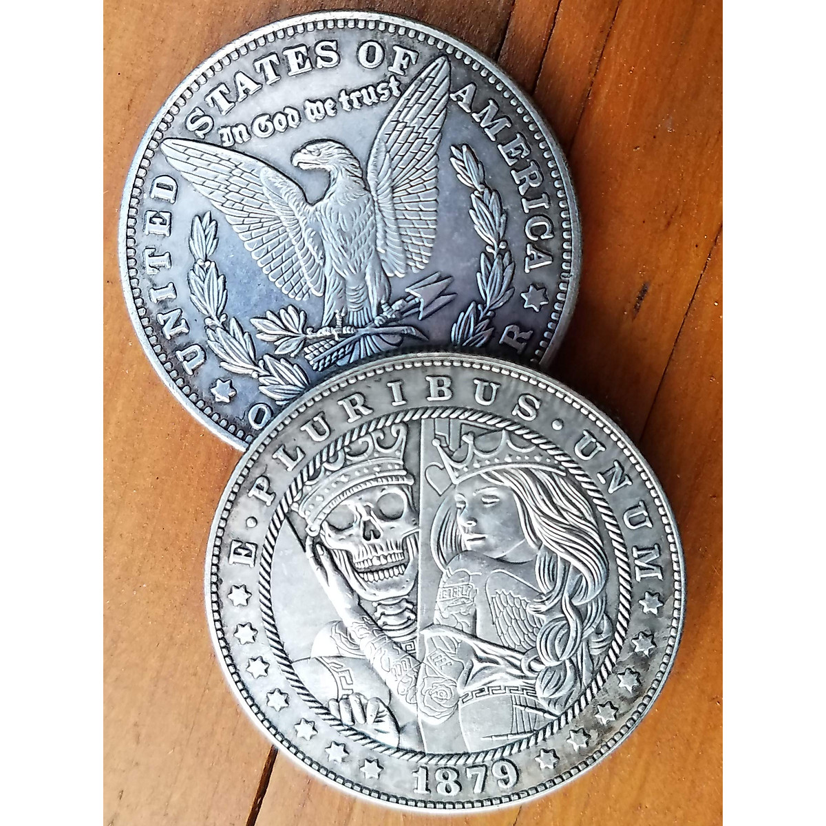 1879 Tattoo Princess with Her Skeleton King Art Coin Replica Morgan Silver Dollar Carson City Mint Mark 1.5" (38mm) Collectible with Protective Capsule and Display Stand – Comes with Display Stand