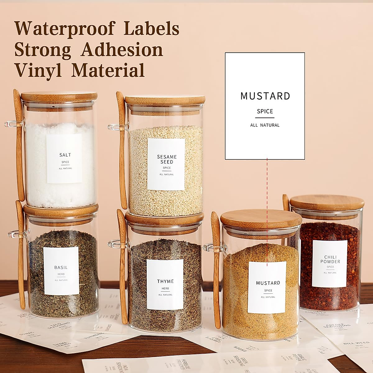 HHMJSM 6 Pcs Glass Jar with Bamboo Lid and Spoon - 17 oz Large Sugar Container with 148 Kitchen Pantry Spice Jar Labels Preprinted - Glass Containers with Wooden Lids Hold Coffee, Tea, Candy