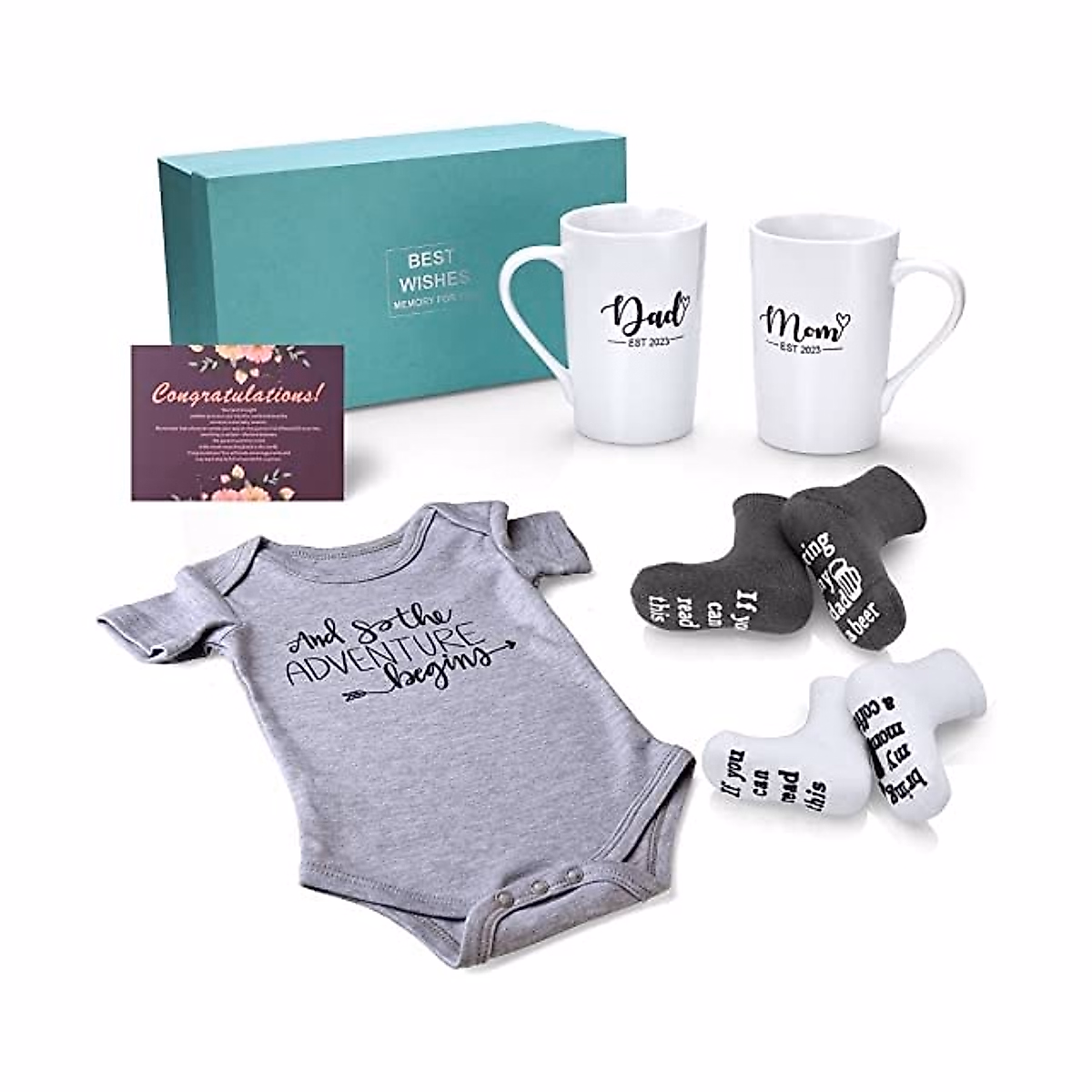 Pregnancy Gifts for First Time Moms – Mom and Dad Est 2023 14 oz Mug Set with Onesie and Baby Socks - Top New Parents Gifts for Mom and Dad to Be - Idea for Baby Shower, Gender Reveal