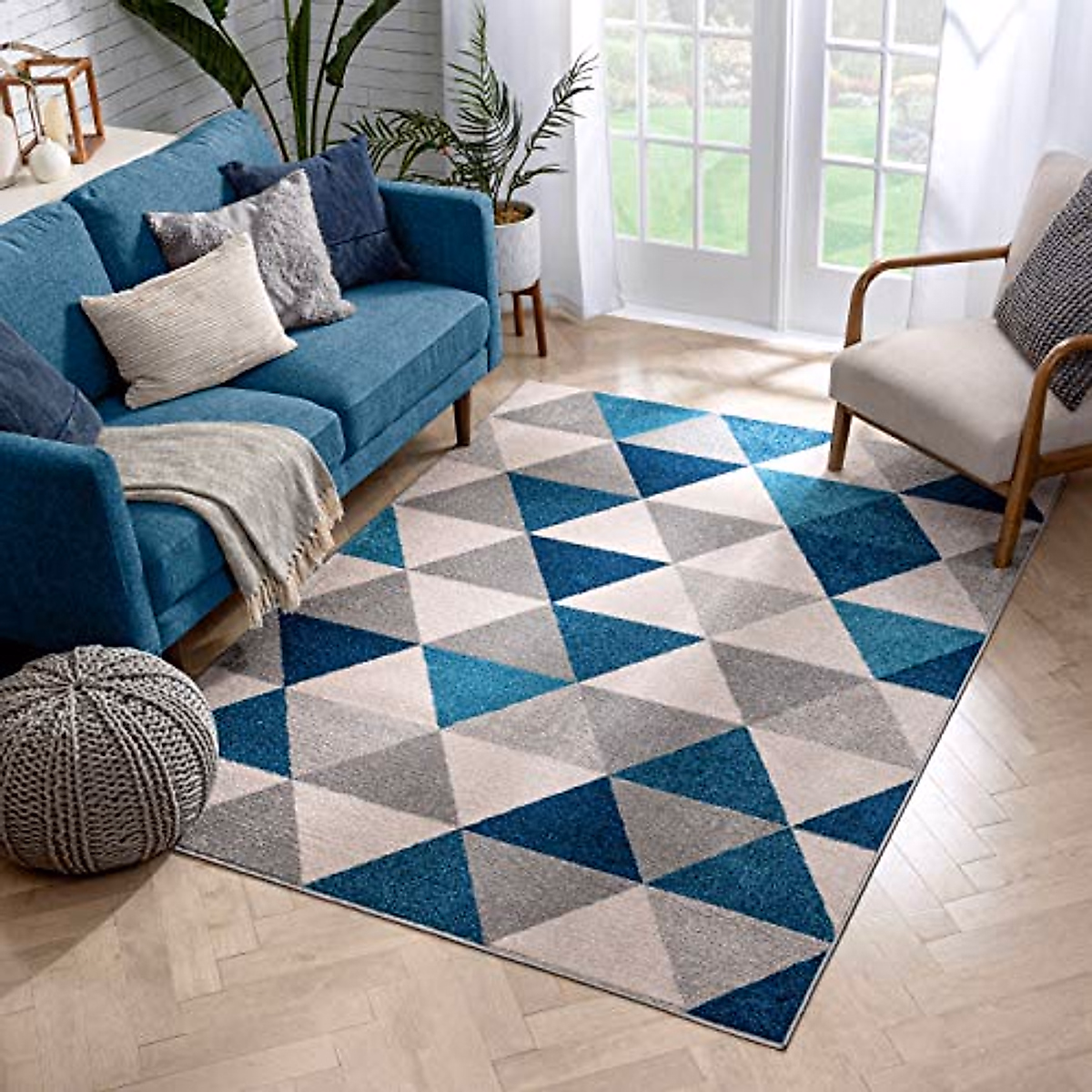 Well Woven Isometry Blue & Grey Modern Geometric Triangle Pattern Area Rug 7'10" x 9'10" Soft Shed Free Easy to Clean Stain Resistant