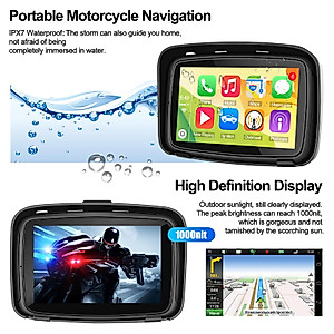 CAMECHO Portable Wireless Carplay Android Auto for Motorcycle, 5" IPS Touch Screen Portable Motorcycle Navigator IPX7 Waterproof, Dual Bluetooth, GPS Navigation for Most Motorbike, Siri