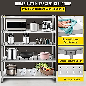 VEVOR Storage Shelf, 5-Tier Storage Shelving Unit, Stainless Steel Garage Shelf, 59.1 x 17.7 x 70.9 inch Heavy Duty Storage Shelving, 661 Lbs Total Capacity with Adjustable Height and Vent Holes