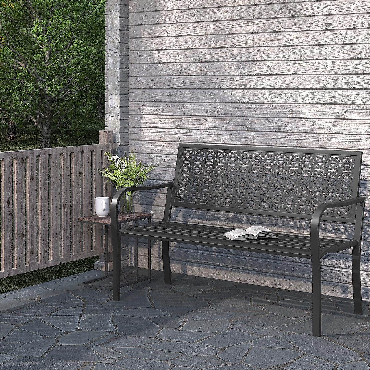 Wanmwill Outdoor Benche, All-Weather Garden Bench, Cast Iron Metal Frame Patio Bench with Floral Pattern Backrest and Armrests for Porch, Lawn, Garden, Yard, Fit 2-3 People Comfortably（Star Black）