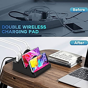 Wireless Charging Station with USB Ports, 8 in 1 Dual 15W Wireless Charger Station, 2 QC/2 PD USB Fast Charging Station, 80W Phone charger for iPhone14/13/12/11/X/Xr/Xs/8/Samsung/Android/iWatch/AirPod