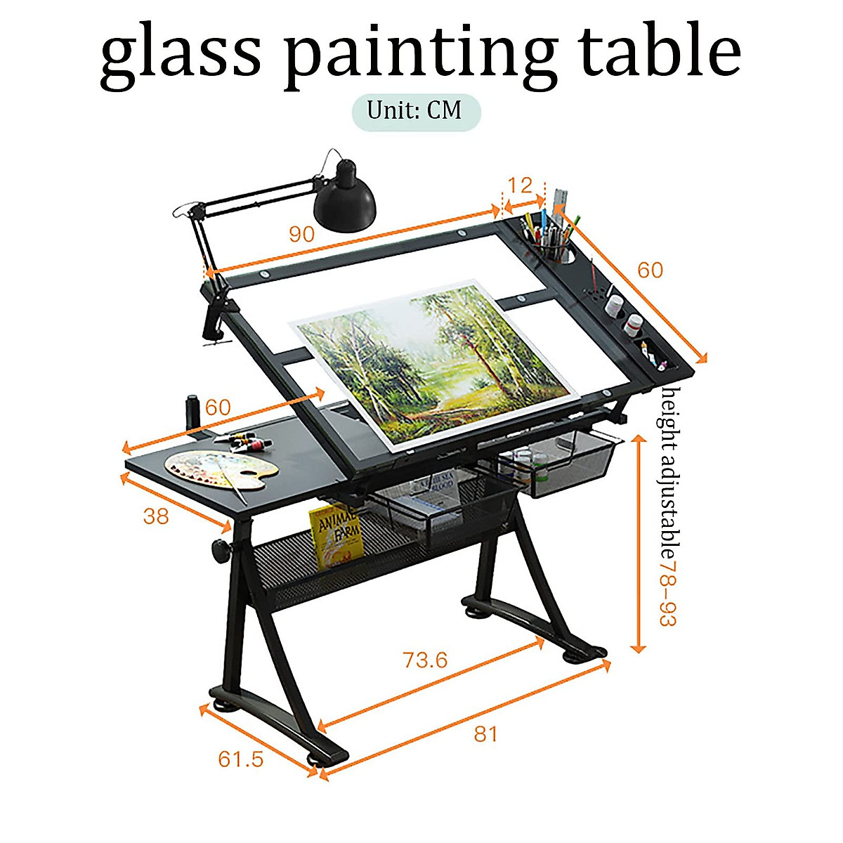 Drawing Table Drafting Desk, Glass Drafting Table Art Desk, Height Adjustable Drawing Desk Art/Craft Desk Paintings Work Station W/ 2 Storage Drawers and Stool for Craft Station Studio Home Office Sch
