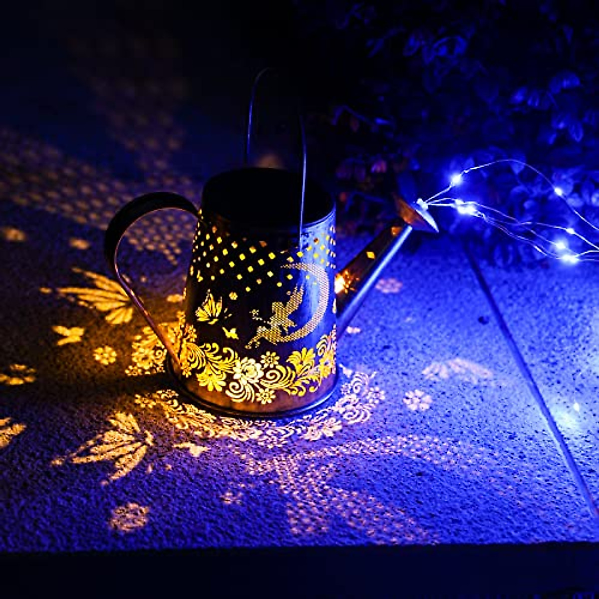 Watering Can with Lights, Solar Garden Lights with Fairy Butterfly Decor Star Shower Art Hanging Waterfall Lights Outdoor Decor for Table Patio Yard Pathway Walkway (Blue)