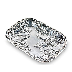 Arthur Court Designs Aluminum Southern Magnolia Flower Food Service Tray, Desktop Storage Organizer, Catchall, Valet, Nightstand or Dresser Hand Polished 9.5 inch Long