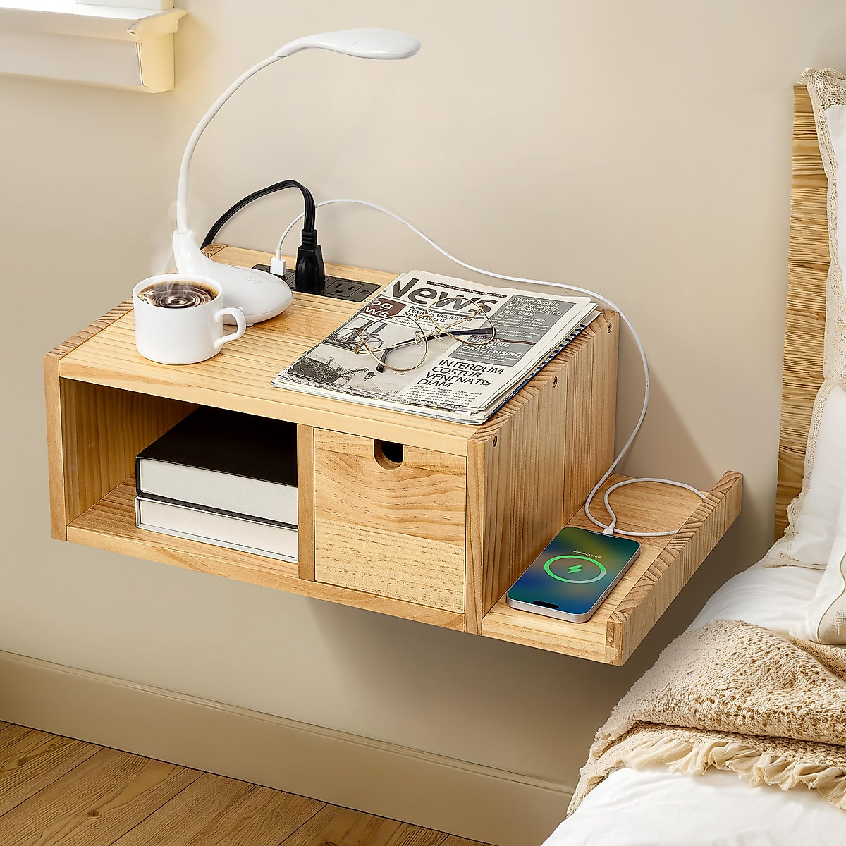 Afuly Floating Nightstand with Charging Station, Modern Night Stand with Drawer Wall Mounted Bedside End Table, Solid Wood Nightstand Side Table Shelf for Bedroom Natural Wooden Decor
