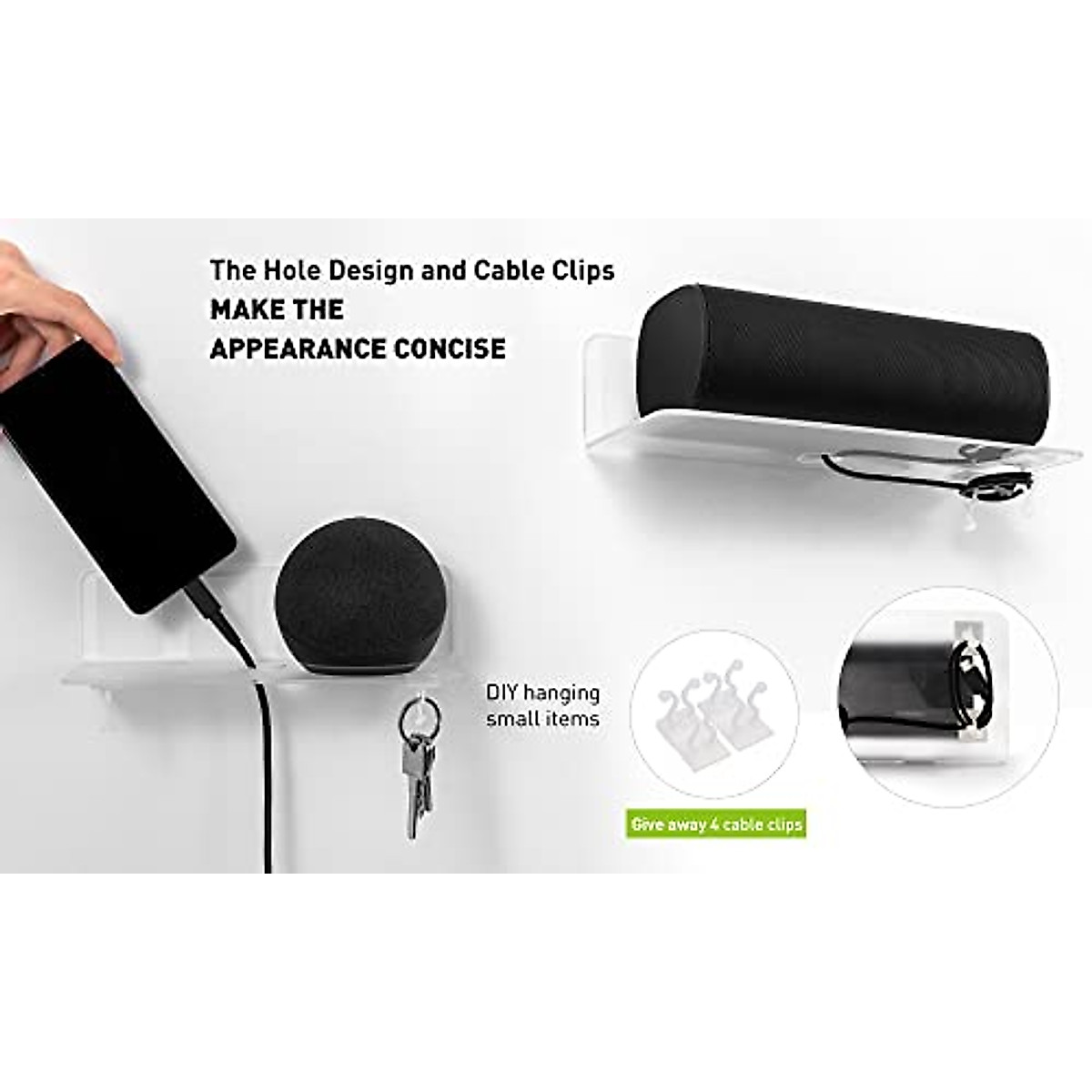 OAPRIRE Acrylic Floating Shelves Set of 2 - Damage Free Expand Wall Space - 9 Inch Adhesive Shelf for Bedroom, Bathroom, Kitchen, Shelves for Wall Decor with Cable Clips (Frosted)