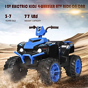 Costzon Kids ATV, 12V Battery Powered Electric Vehicle w/LED Lights, High & Low Speed, Horn, Music, USB, Treaded Tires, Ride on Car 4 Wheeler Quad for Boys & Girls Gift, Ride on ATV (Blue)