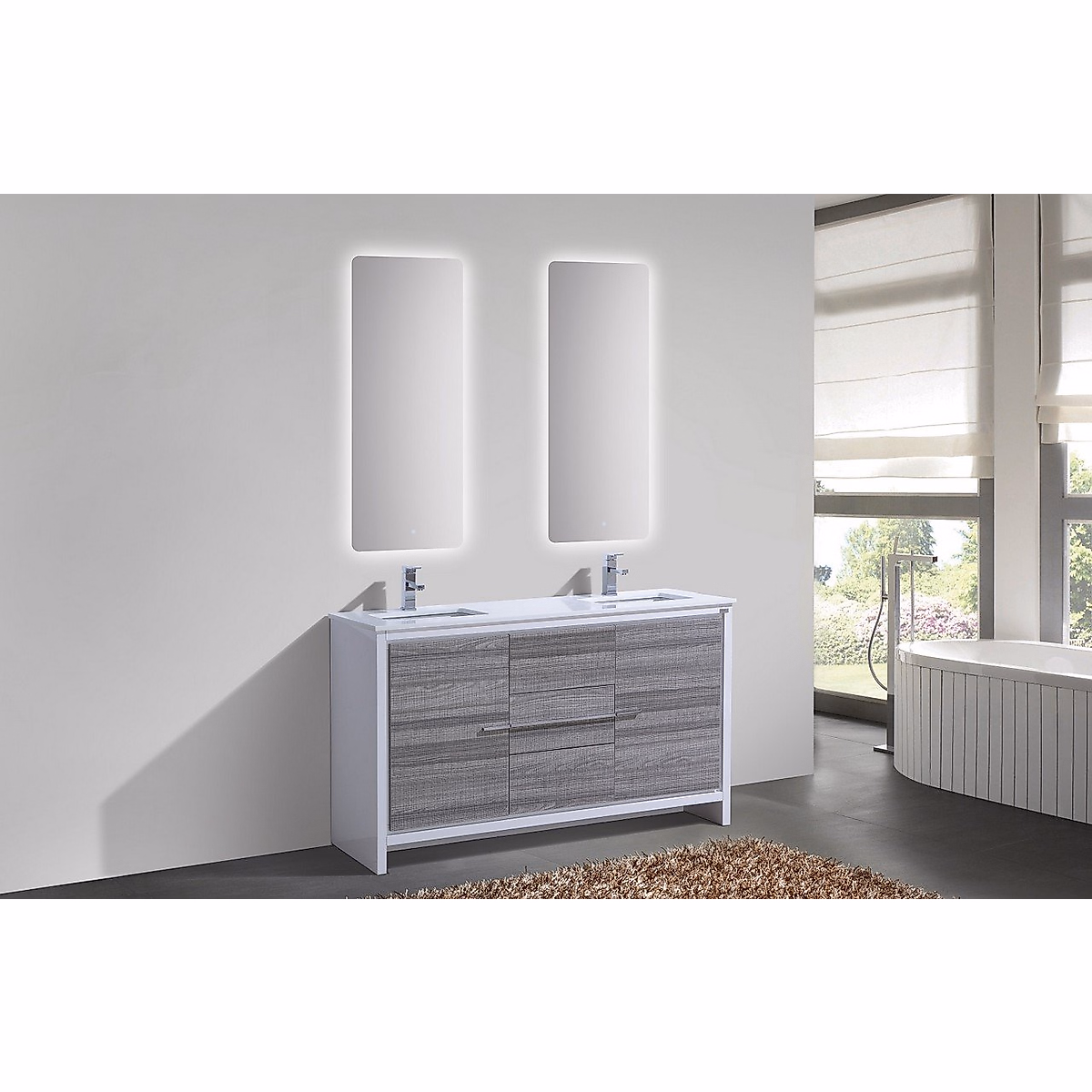 KubeBath Dolce 60″ Double Sink Ash Gray Modern Bathroom Vanity with White Quartz Counter-Top