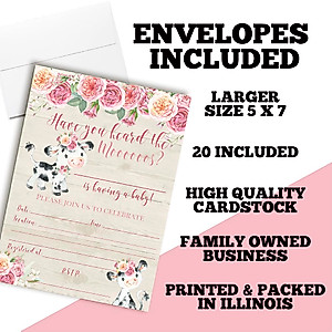 Watercolor Pink Floral Cow-Themed Baby Sprinkle Shower Invitations, 20 5x7 Fill In Cards with Twenty White Envelopes by AmandaCreation