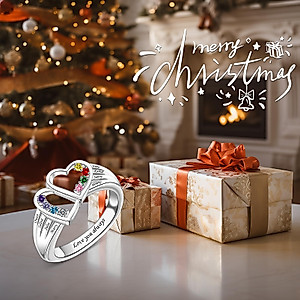 ORFANDE Personalized Mother Rings for Women with 2-8 Simulation Birthstones Custom Heart Birthstone Rings Customize Names Engraved Family Rings for Mothers Day, Brass, Cubic Zirconia