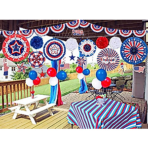 51PCS 4th/Fourth of July Decorations Set - Includes Patriotic Paper Fans,Pom Poms,Banner,Hang Swirls,Balloons - Red White Blue Memorial Day Party Decor Supplies